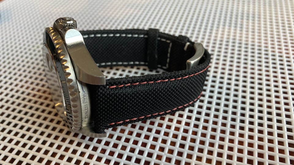 22mm BLACK Sailcloth Double Sided watch band strap RED Stitch Aged | eBay