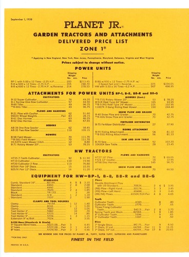2 Planet Jr. Garden Tractors and Tools 1958 Price lists, hand and power ...
