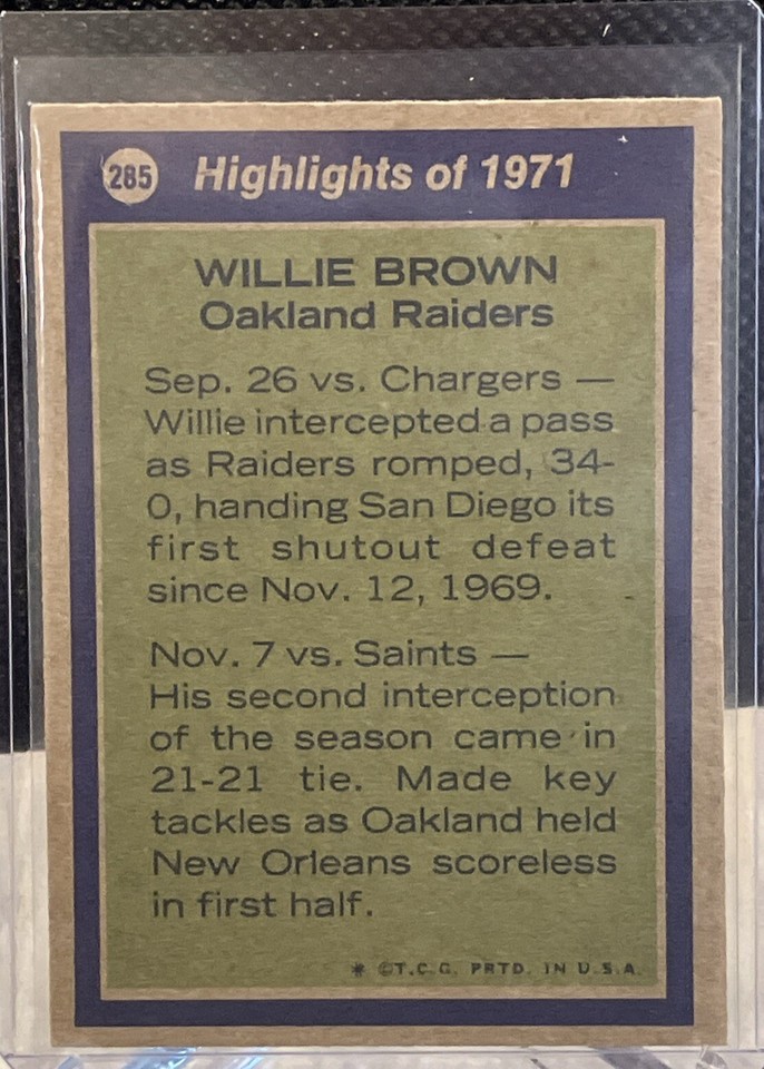 1972 Topps - High #285 Willie Brown All Pro Oakland/LA Raiders HOF ...