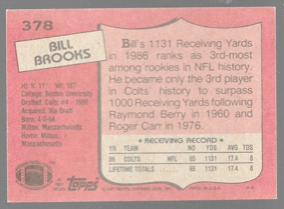 1987 Topps Bill Brooks 378 Super Rookie Baltimore Colts Football Card ...