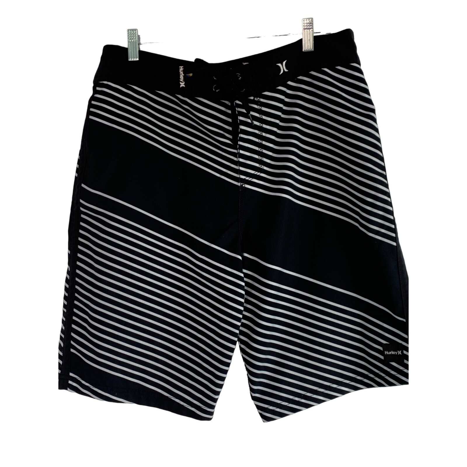 Mens Hurley Board Shorts Black stripe Size 34 GUC Drawstring zip pocket ...