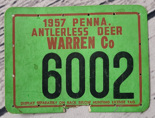 Vintage 1957 Pennsylvania Antlerless Deer Doe Hunting Tag Warren PA | eBay