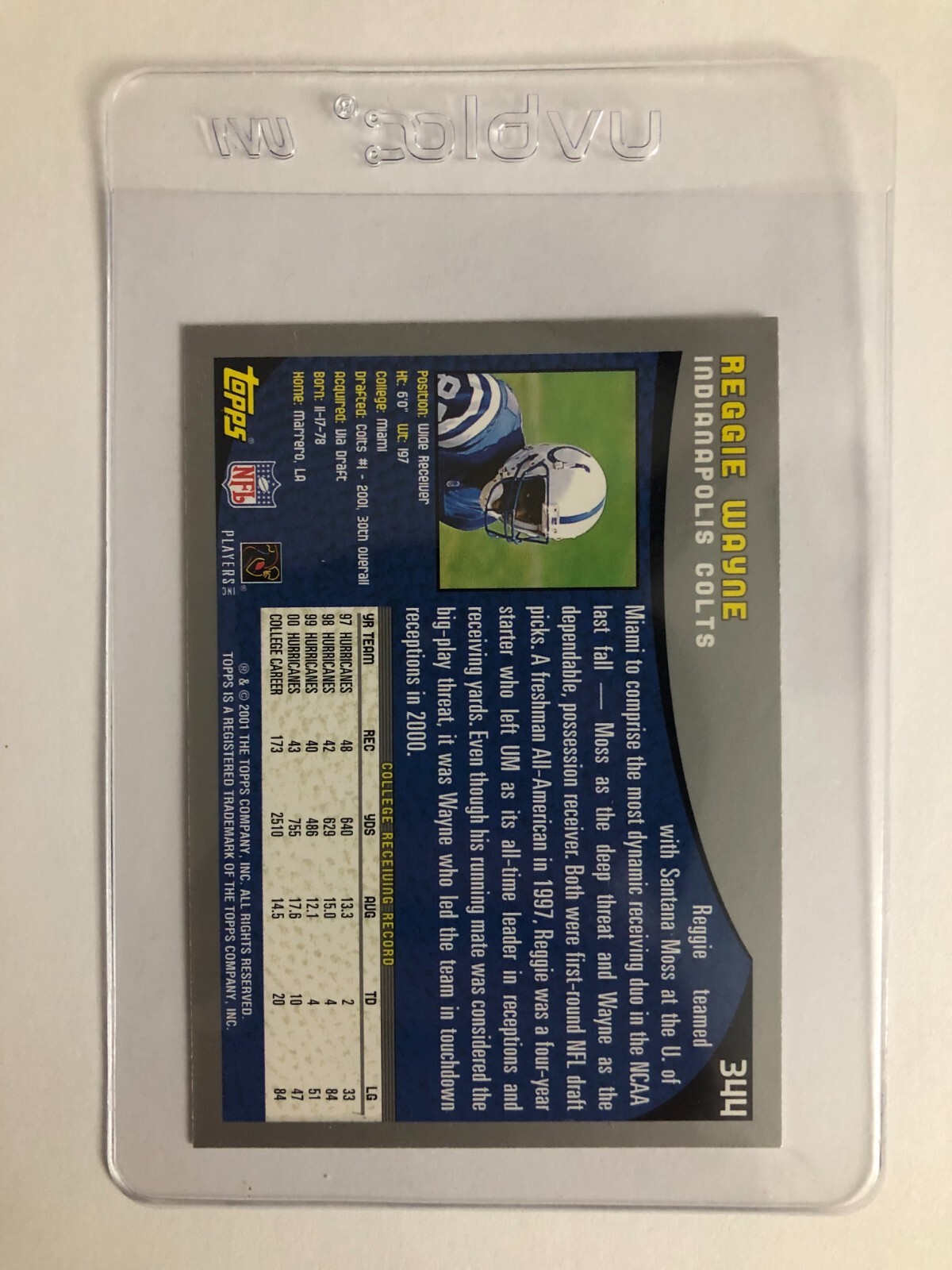 2001 Topps Collection - Reggie Wayne Rookie Card #344 Indianapolis ...