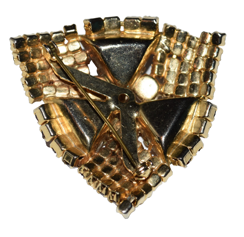Vintage Large Triangular Shape Amber Rhinestones Gold Tone Triangle ...