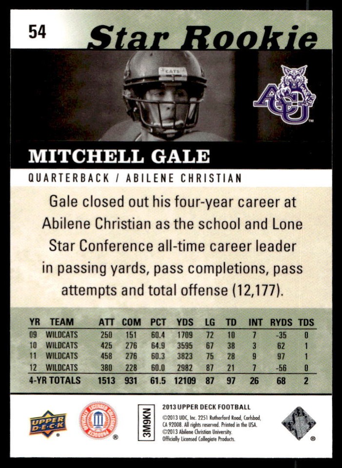 2013 Upper Deck 54 Mitchell Gale Abilene Christian Wildcats SR Football Card | eBay