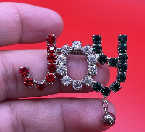 Vintage JOY Rhinestone Brooch Pin Gold Tone Metal Prong Set Christmas ...