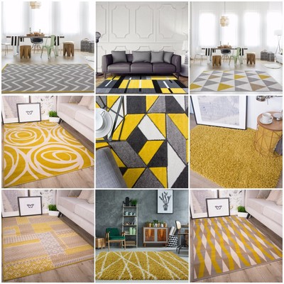 Modern Ochre Mustard Rug For Living Room Soft Warm Yellow & Grey ...