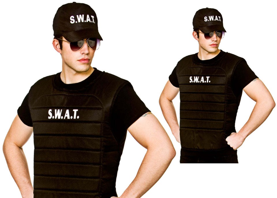Adult Black SWAT Team Vest And Cap Hat Cop FBI American Fancy Dress ...