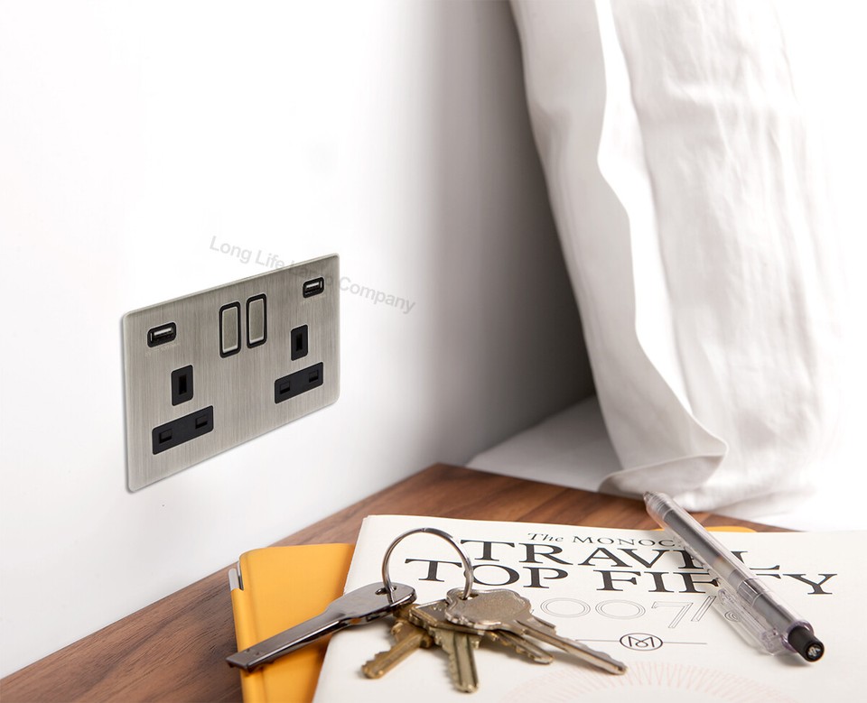 Double Wall Plug Socket 2 Gang 13A with 2 USB Ports Screwless Slim Flat ...