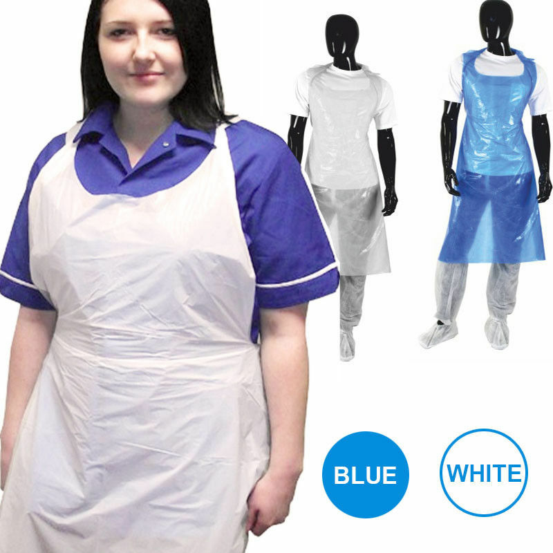 100 Disposable Aprons Blue or White PPE Medical Protective Waterproof ...