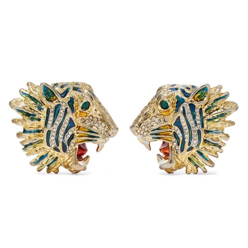 New Authentic Gucci Gold Rajah Tiger Head Crystal Earrings 539158 8488 ...
