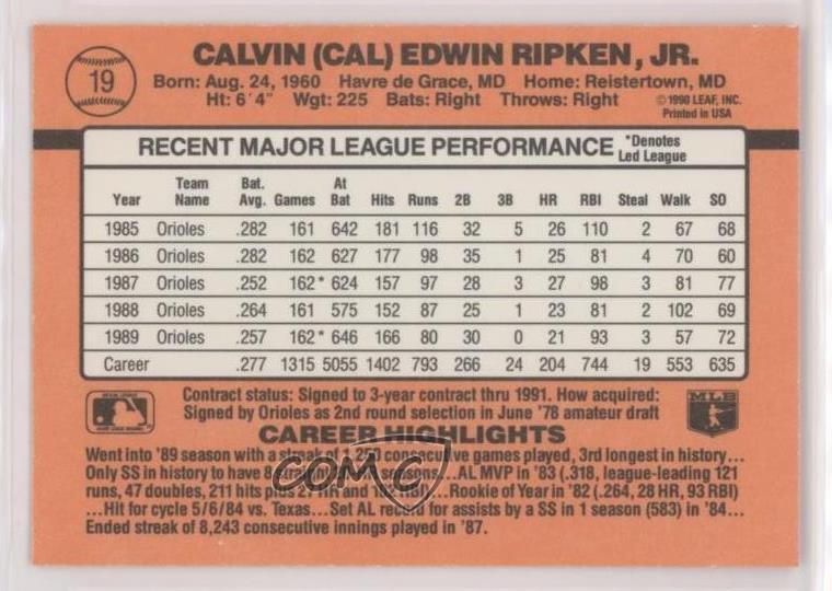 1990 Donruss Learning Series Cal Ripken Jr #19 HOF 09wc | eBay