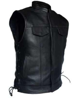 Men's Black Leather Vest Custom Motorcycle Concealed Side Laces Biker ...