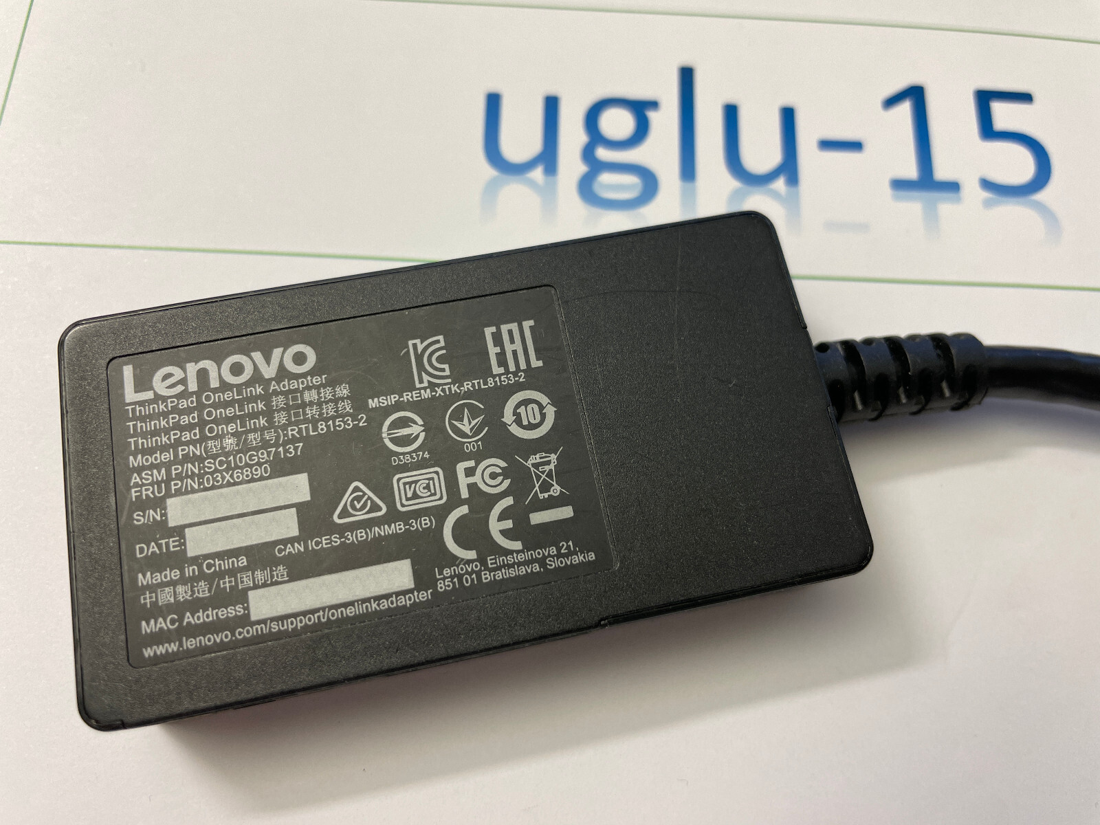 Lenovo ThinkPad OneLink Adapter VGA - RJ45 - Power RTL8153-2 / 03X6890 ...