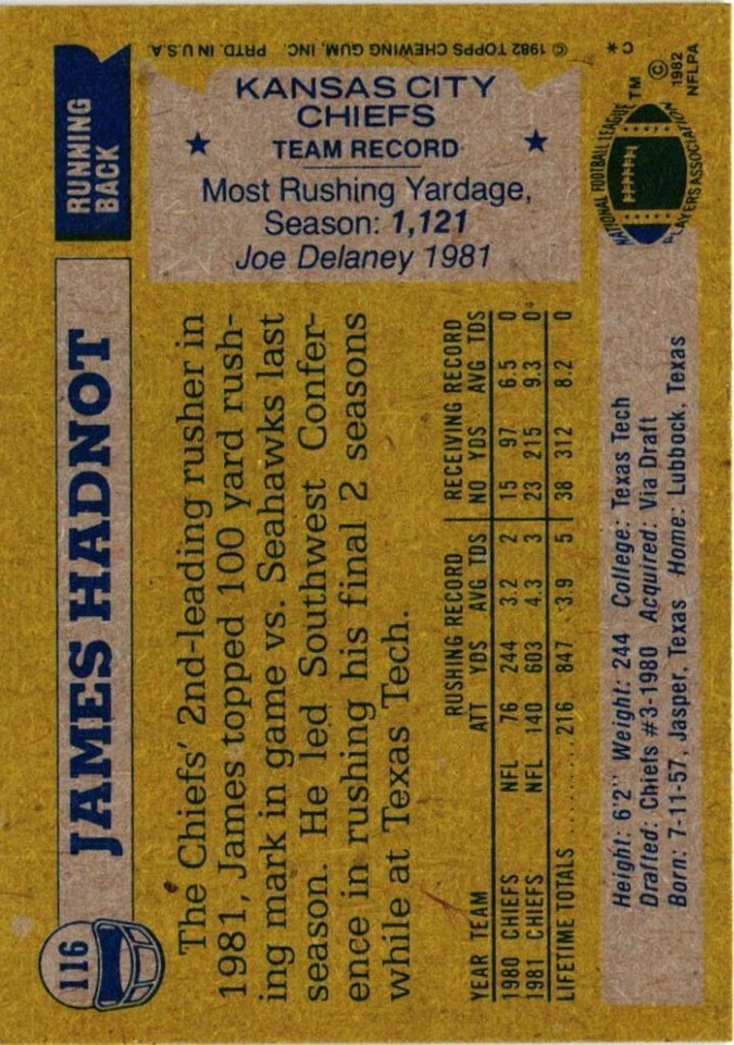 JAMES HADNOT 1982 Topps Football #116 FREE SHIPPING B20R4S27P15 | eBay