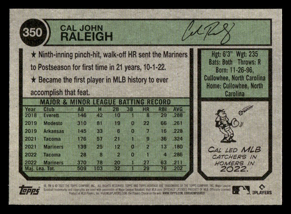 2023 Topps Heritage Cal Raleigh #350 Seattle Mariners Baseball Card | eBay