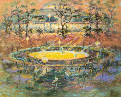 Original Painting Michael Young Art Deco Aliens Hot Tub UFO Landscape ...