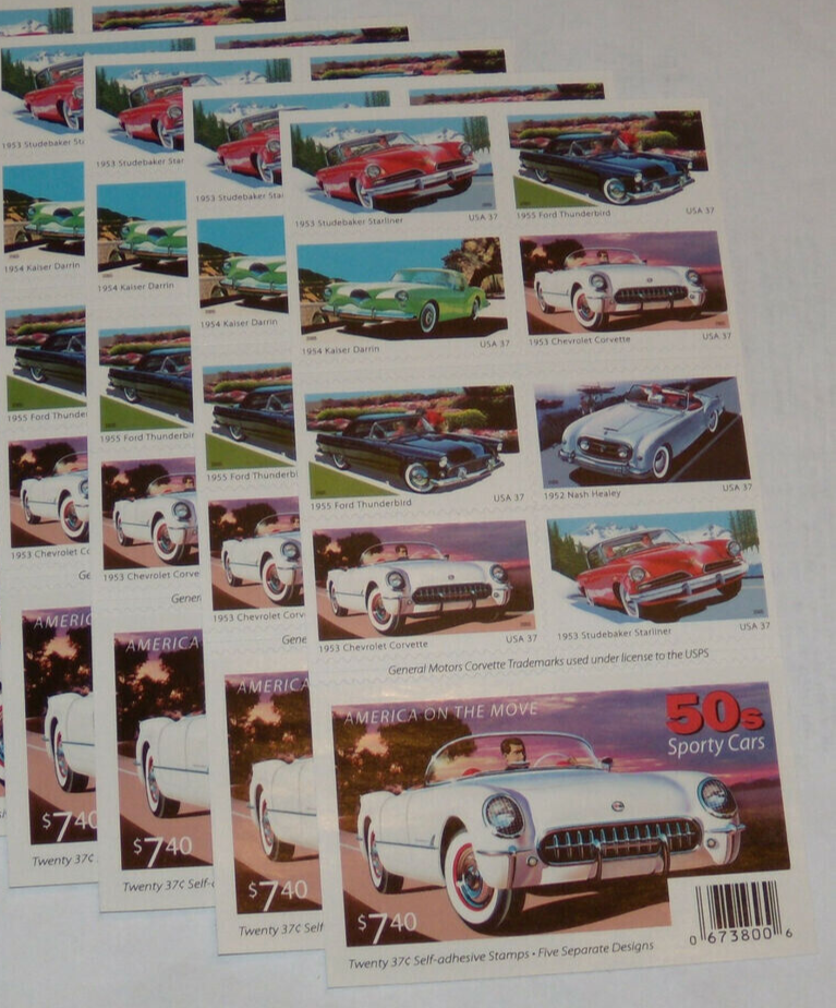 TWO (2) Booklets x 20 = 40 of 50's SPORTY CARS 37¢ US Postage Stamp Sc ...