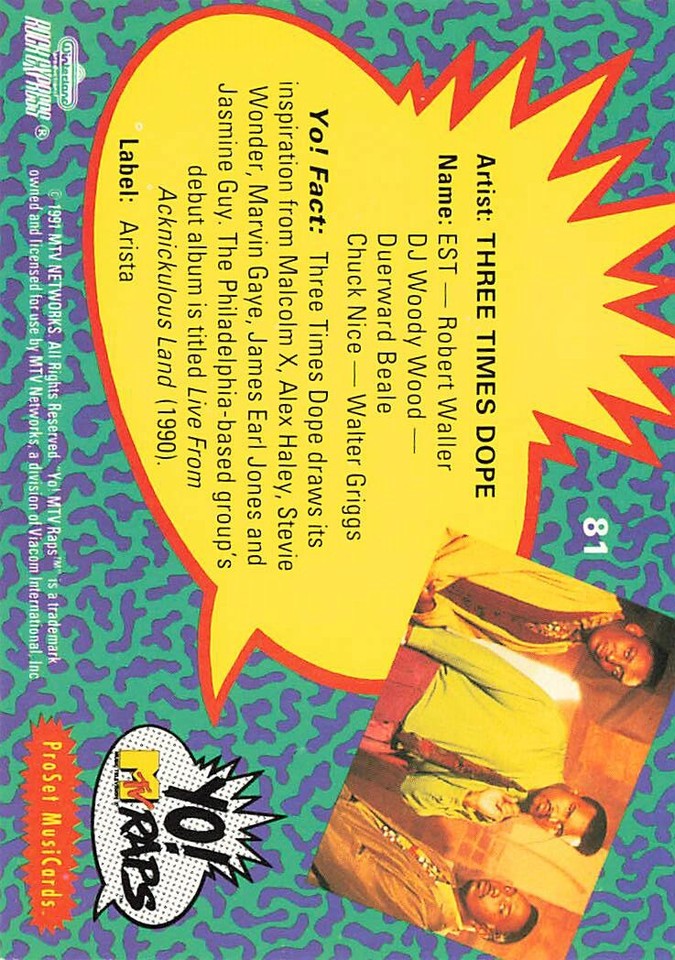 1991 Pro Set MusiCards Yo! MTV Raps Three Times Dope #81 | eBay