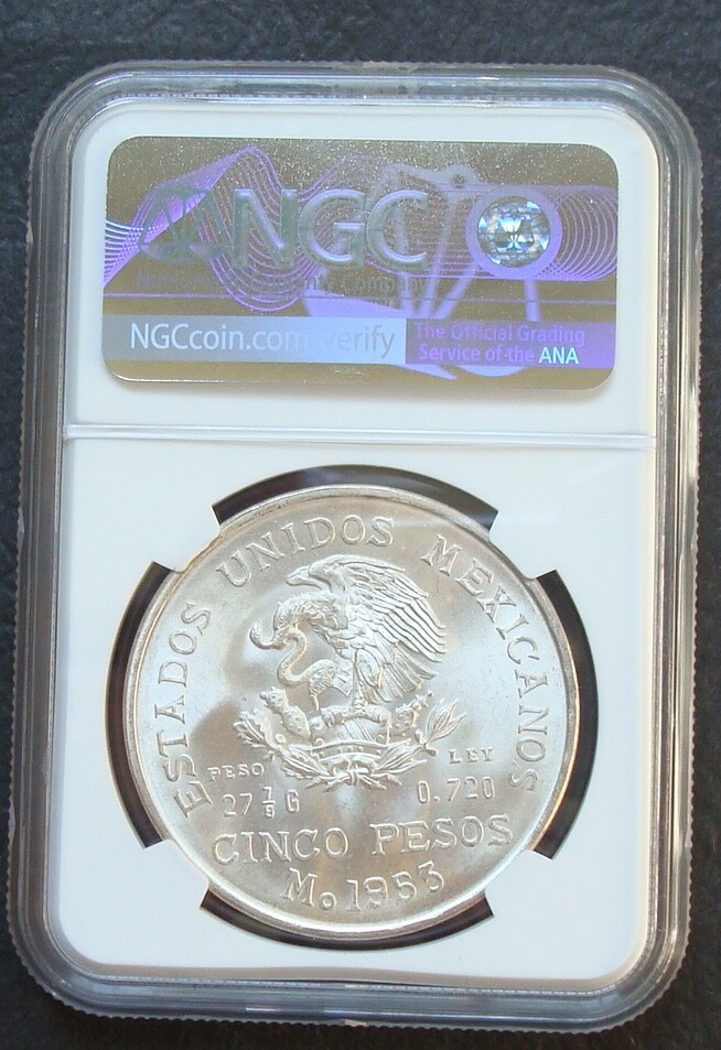 1953 MO Mexico $5 pesos Silver Dolores Hidalgo NGC MS65 | eBay
