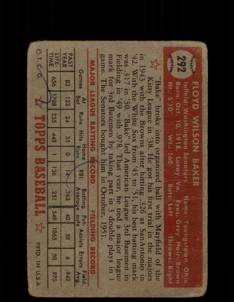 1952 FLOYD BAKER TOPPS #292 SENATORS POOR *9439 | eBay