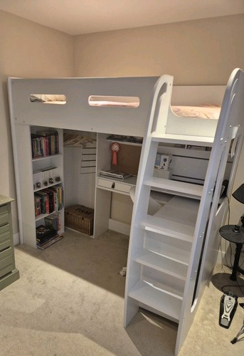 High Sleeper Loft Bed with Desk and Wardrobe in White - Carter | eBay UK