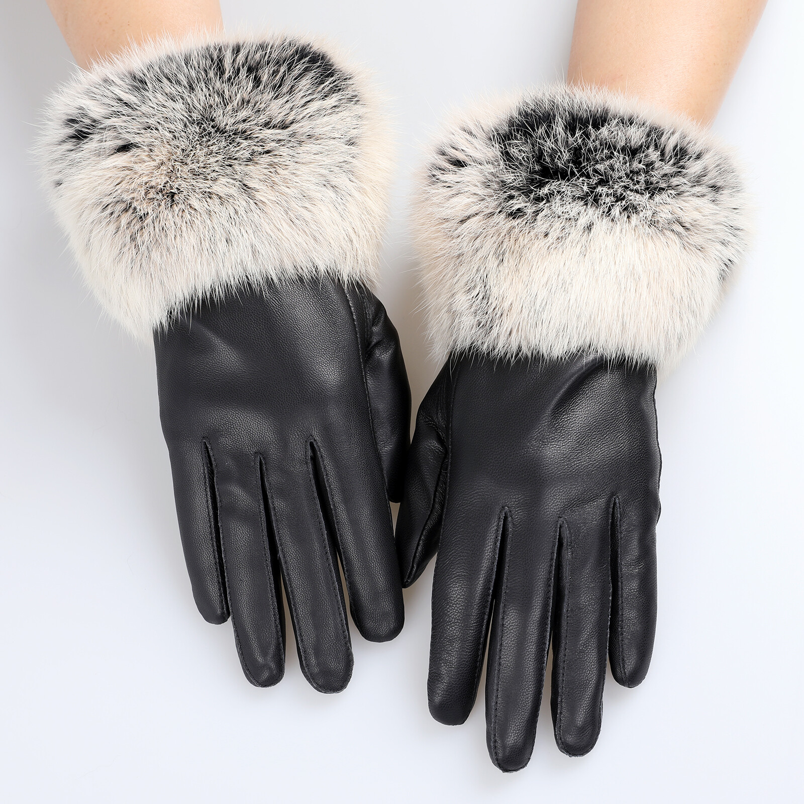 Women's Genuine Leather Gloves Rabbit Fur Trim Cuff Velvet Lined Winter ...
