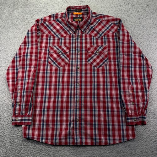 Orvis Western Shirt Mens XL Plaid Red Blue Trout Bum Pearl Snap Long ...