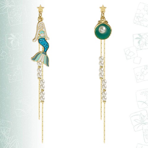 1 Pair Mermaid Earring Asymmetrical Ear Drop Pearl Shell Fringe ...