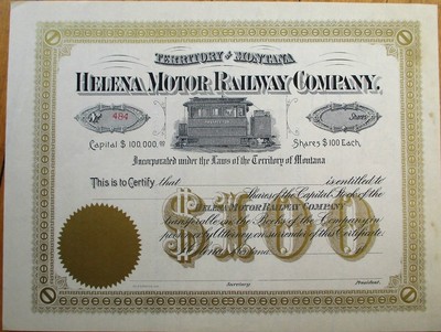 'Helena Motor Railway' 1880 Montana Territory Trolley/Railroad Stock ...