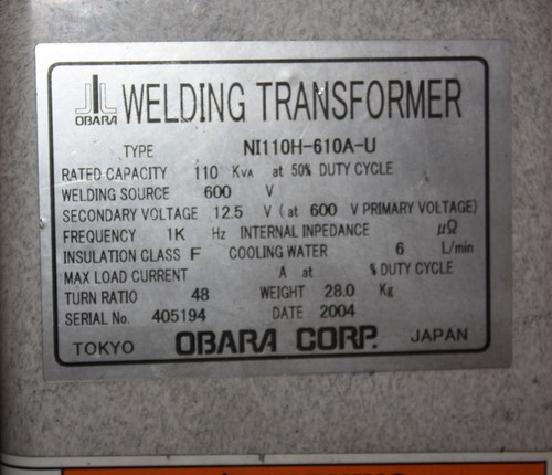 Obara Corp 110kVA J5D06493 SRTC-4892 Servo Spot weld gun with Nitta ...