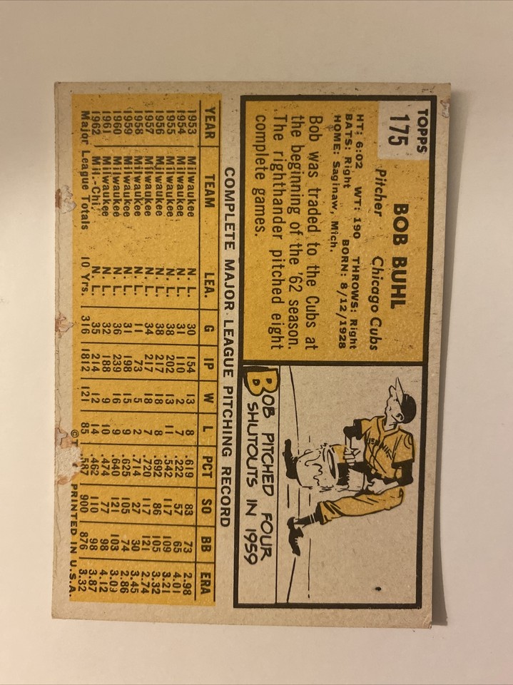 1963 Topps Baseball Bob Buhl Chicago Cubs Card #175 | eBay