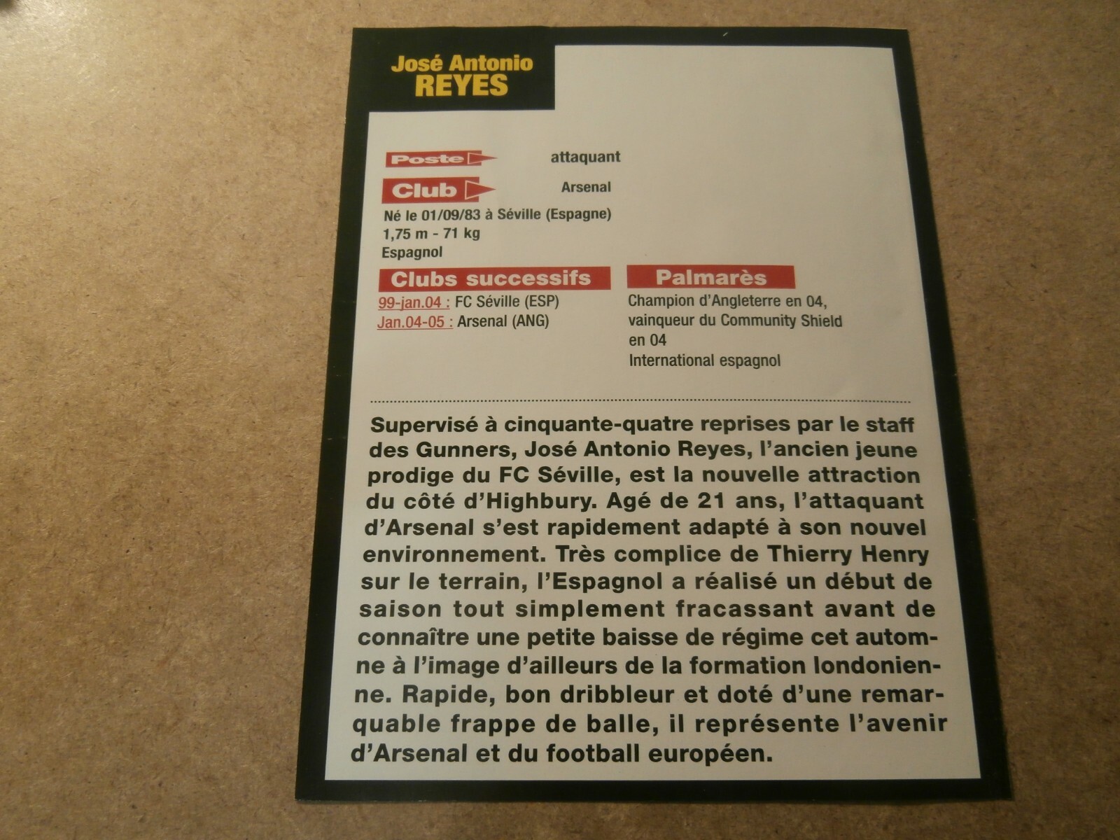 JOSE ANTONIO REYES (ARSENAL FC), RARE FOOTBALL ROOKIE CARD KOP FOOTBALL ...