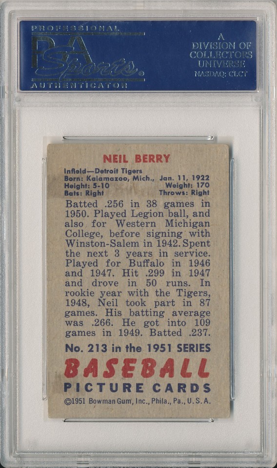 1951 Bowman NEIL BERRY #213 Signed Auto Slabbed Card Detroit Tigers PSA ...