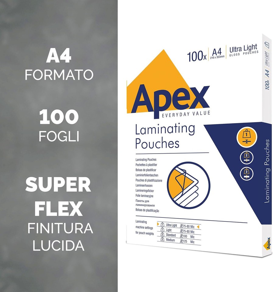 Apex A4 Laminating Pouches, Glossy Finish, 100 Sheets - Super-Flex ...