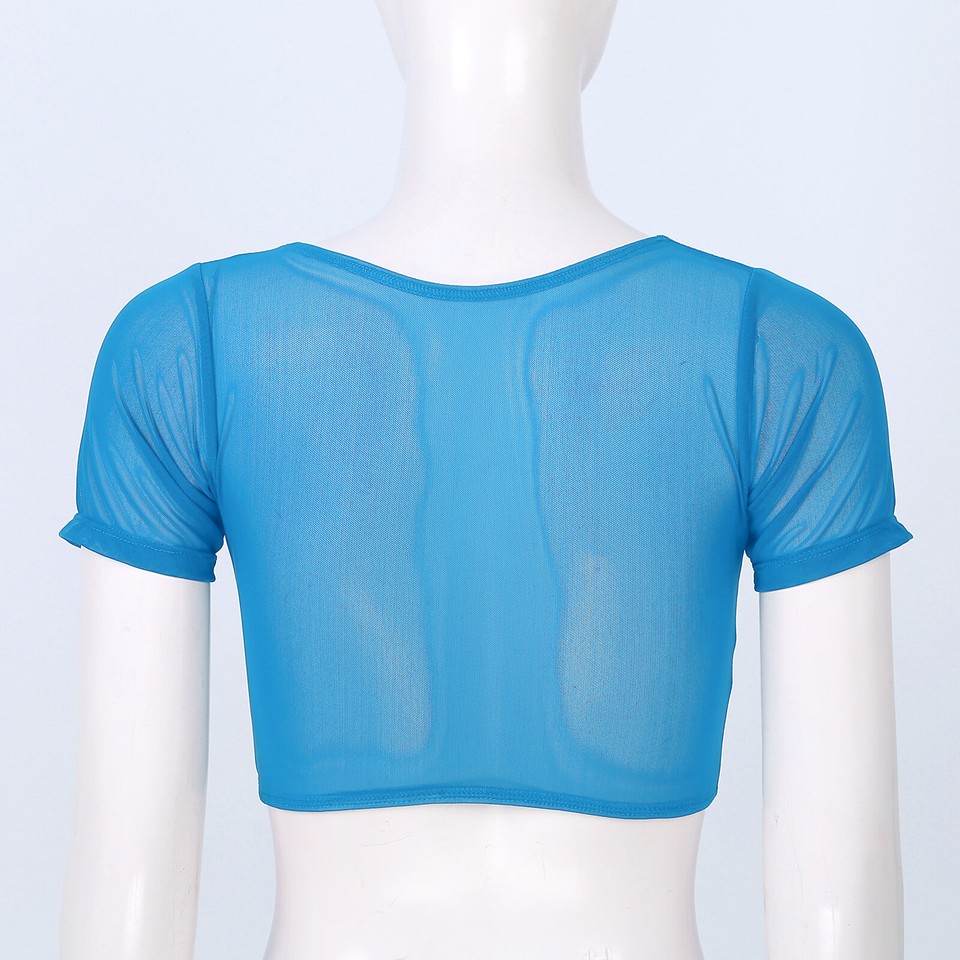 Women Sheer Mesh Short Sleeve Open Bust Crop Top See-through Belly ...