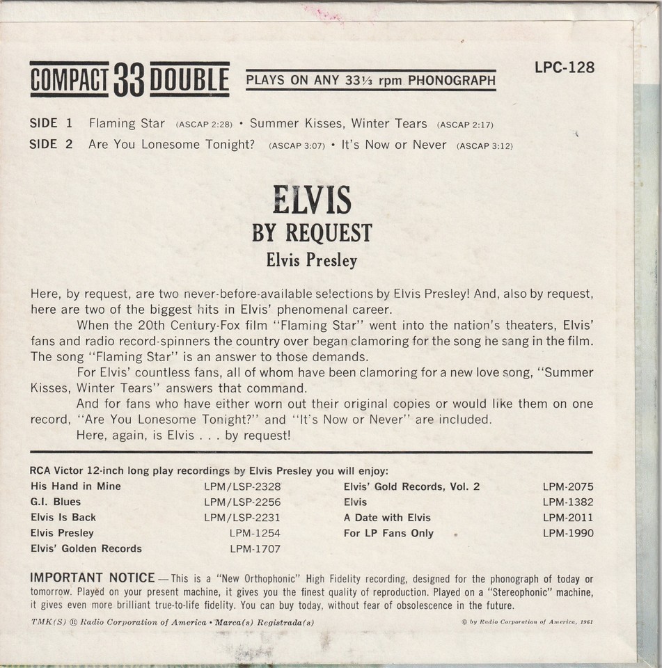 ELVIS PRESLEY compact 33 rpm w/pic cover FLAMING STAR from movie ...