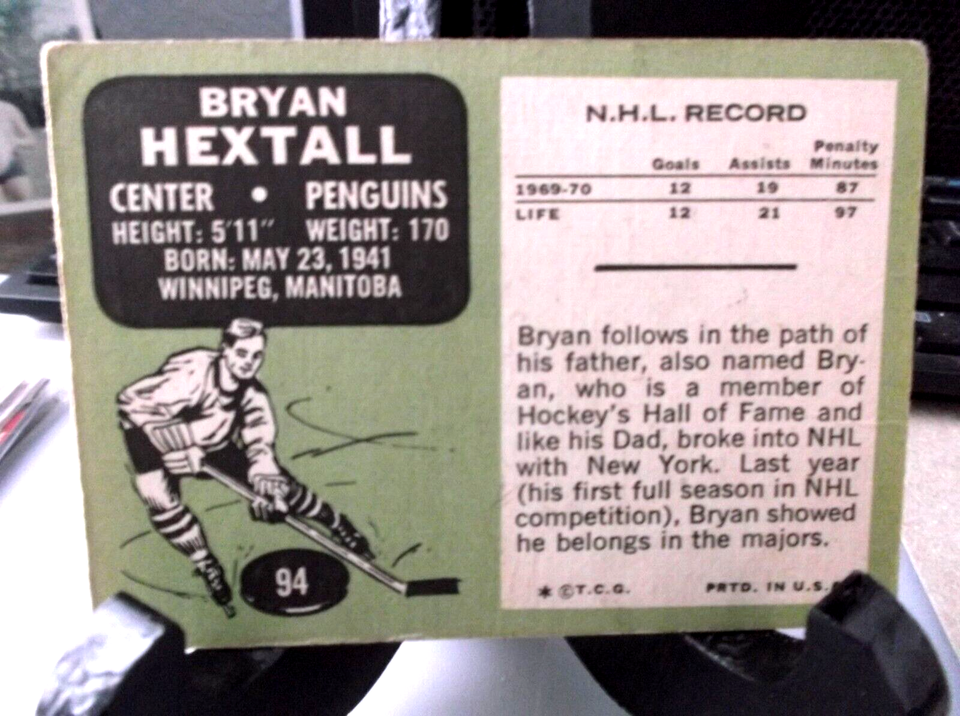 1970-71 TOPPS HOCKEY CAED #94 BRYAN HEXTALL PENGUINS | eBay