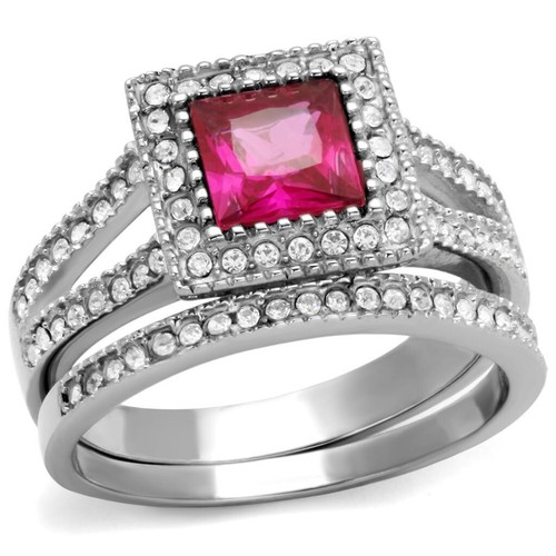 2Ct Princess Cut Halo CZ Ruby Stainless Steel Bridal Engagement Ring ...