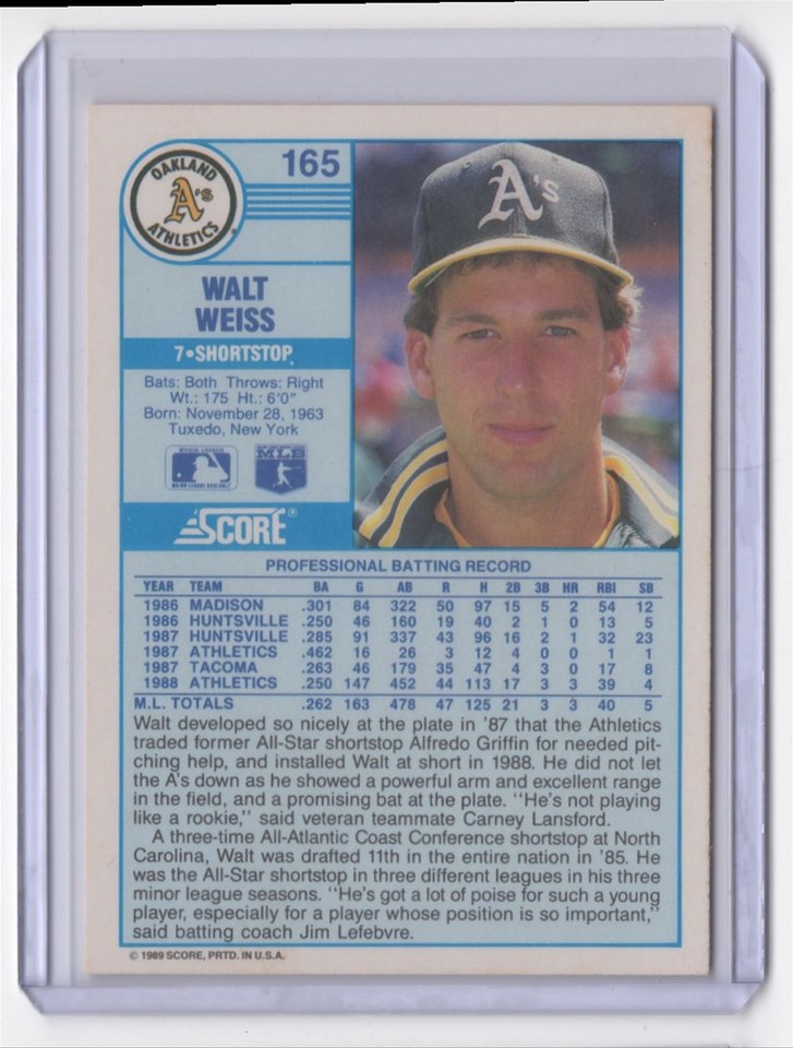 1989 Score Walt Weiss Oakland Athletics #165 | eBay