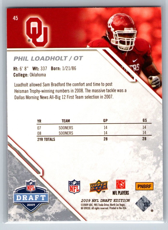 2009 Upper Deck Draft Edition Phil Loadholt Rookie Oklahoma Sooners RC ...