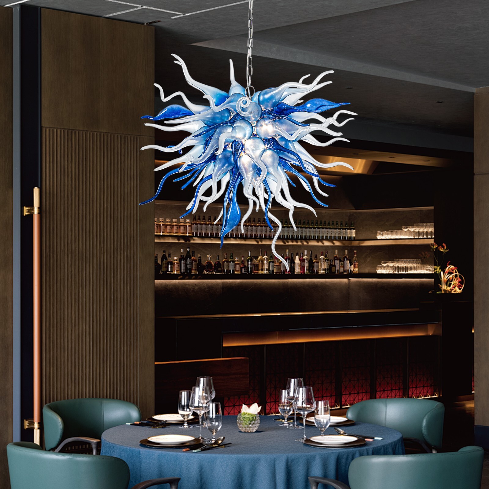 Art Decor Ink Blue Shade Chandeliers Handmade Blown Glass Ceiling Light ...