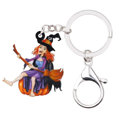 Halloween Acrylic Witch Broomstick Keychains Purse Key Ring Charms ...