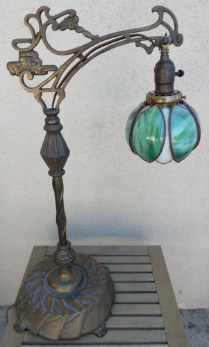 Nice! Antique Bridge Arm Table Lamp Handel? Tulip Green & White Slag ...