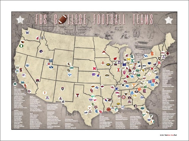 Tracking Art- Division 1 FBS College Football Teams Stadiums Location ...