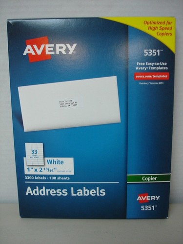 Avery 5351 Copier Address Labels, 1" x 2 13/16" 3300 Labels / Box 100 ...