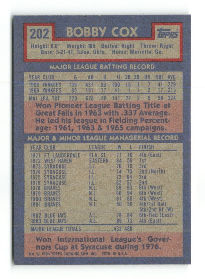 1984 Topps Bobby Cox #202 Manager Toronto Blue Jays Baseball Card | eBay