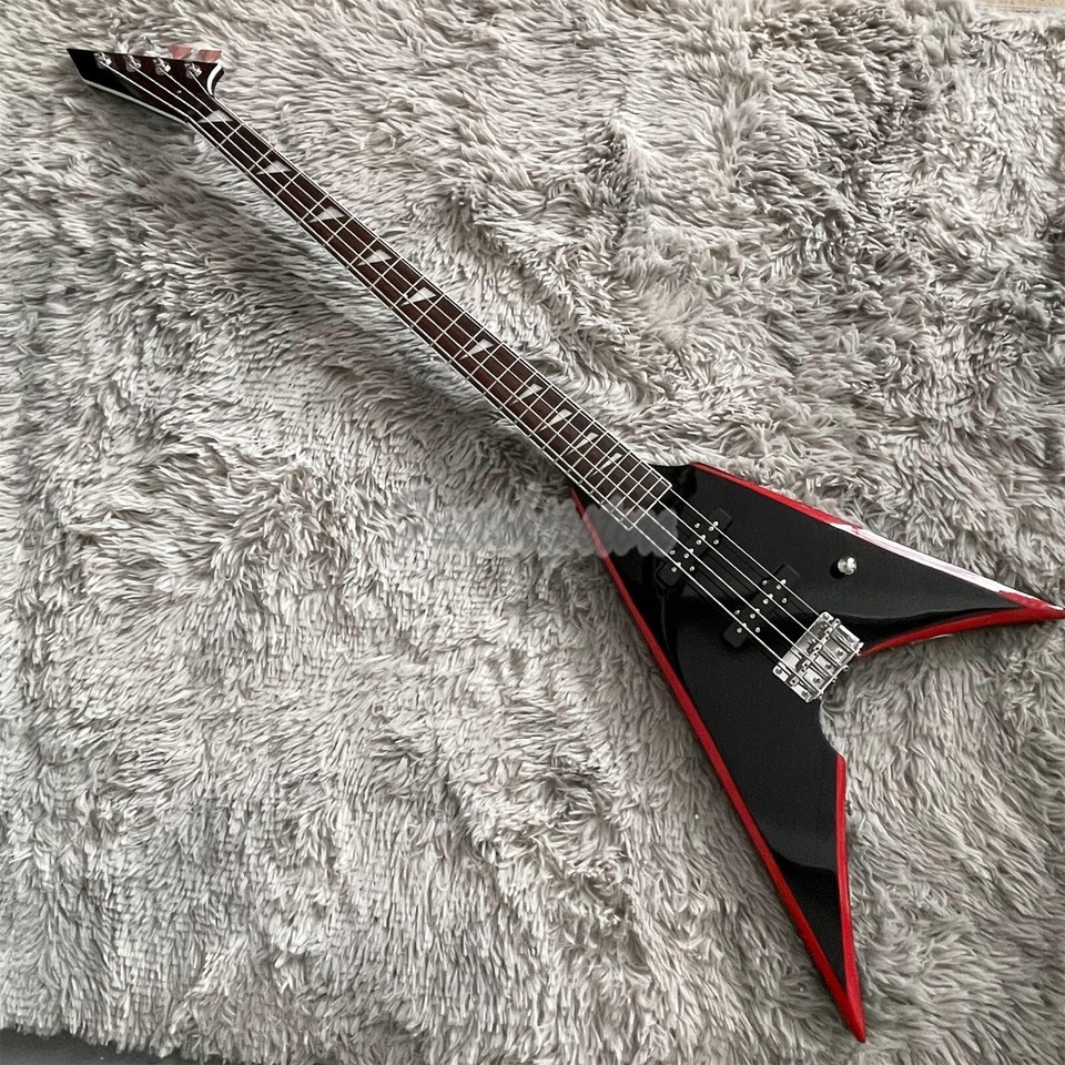 4 String V Shape Electric Bass Guitar Red Bevels Arrow Black Chrome ...