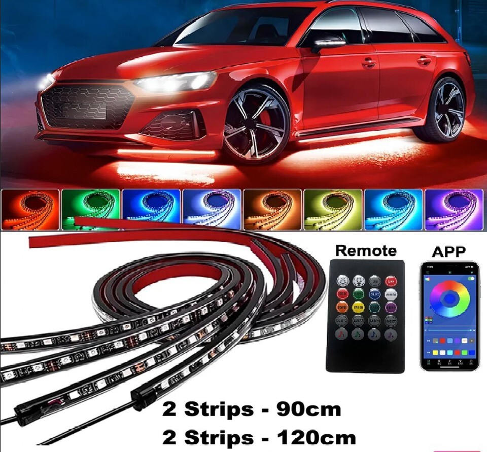 4Pcs RGB LED Under Car Tube Strip Underglow body Neon Light Kit Remote ...