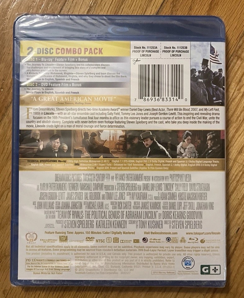 Lincoln (Blu-Ray + DVD, 2013) Daniel Day-Lewis Steven Spielberg Brand ...
